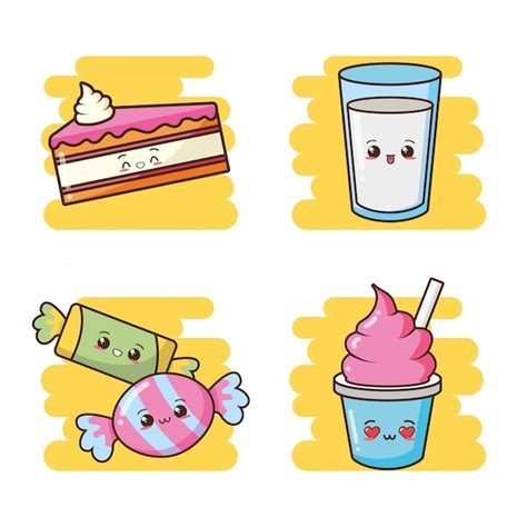 Kawaii comida rápida lindo pastel dulces helado leche ilustración