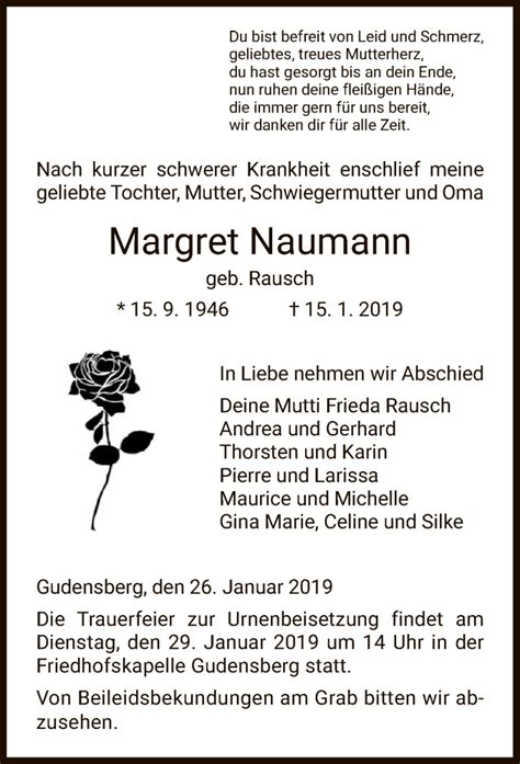 Traueranzeigen Von Margret Naumann Trauer HNA De