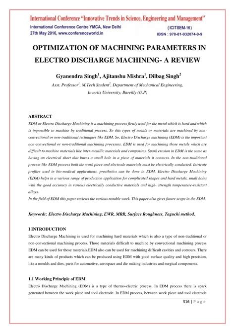 pdf optimization of machining parameters in electro discharge machining a review