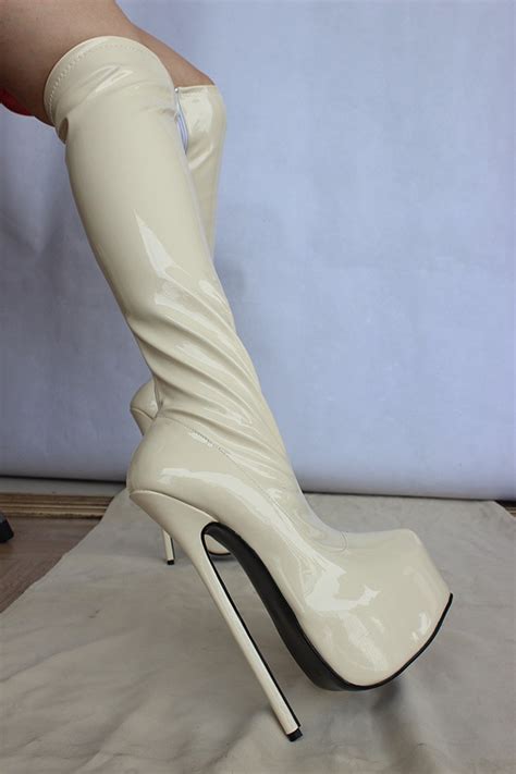 20cm 23cm Heel Knee High Boots Extreme High 8inch Sex Fetish Thin Heel Patent Leather Platform
