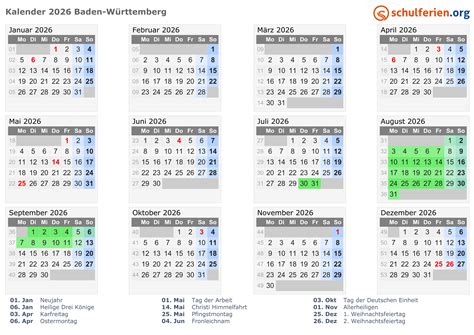 Kalender 2026 Ferien Baden Württemberg Feiertage