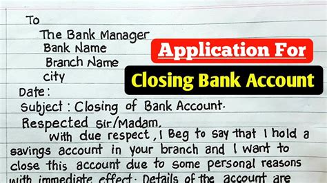 Application For Closing Bank Account Application To Bank Manager For