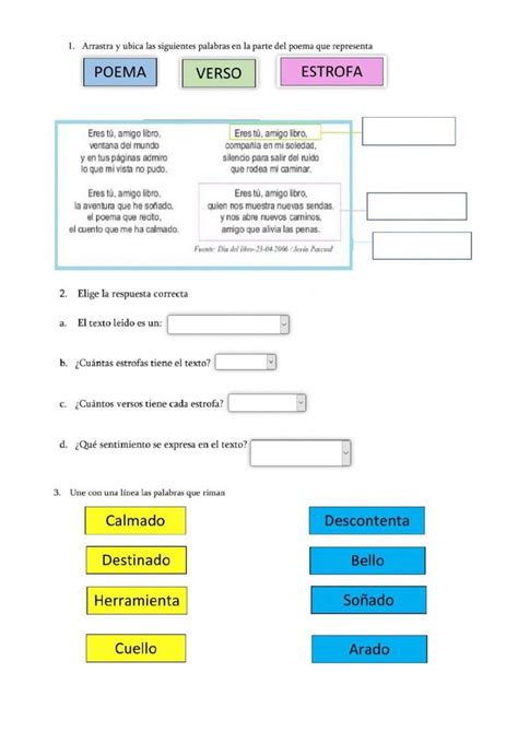 El poema worksheet for GRADO 5 Actividades de poesía Texto