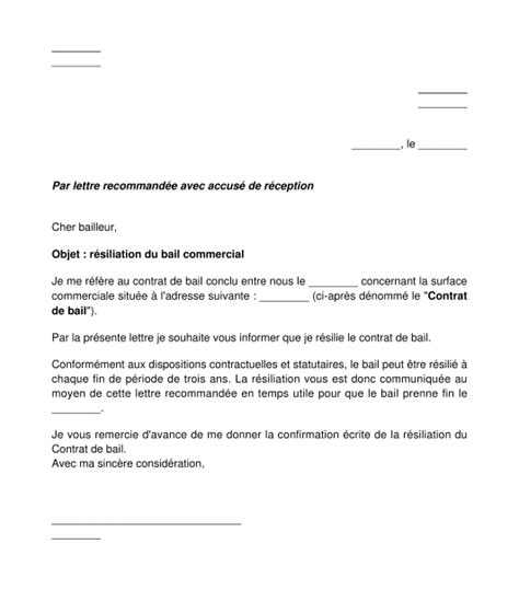 Lettre de Résiliation du Bail Commercial par le Locataire