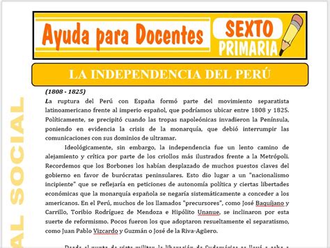 La Independencia del Perú para Sexto de Primaria Ayuda para Docentes