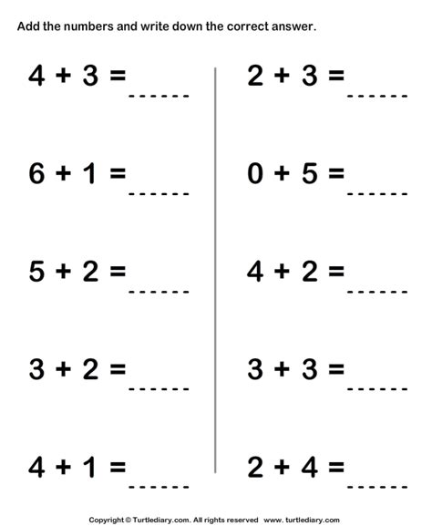 adding two one digit numbers sums up to ten worksheet turtle diary ee3