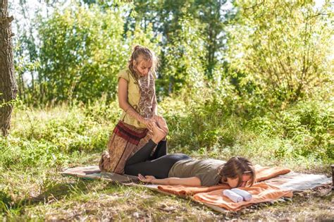 Massage Trainer Adequately Performs A Great Massage In The Forest Stock Image Image Of People