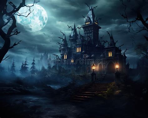 Scary Gothic Castle At Night And A Dark Mansion On Halloween Stock