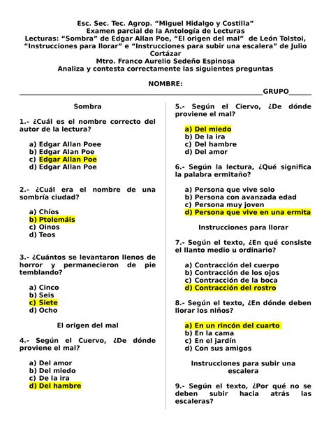1 Examen Antología DE Lecturas Contestado Sombras EL Origen DEL MAL