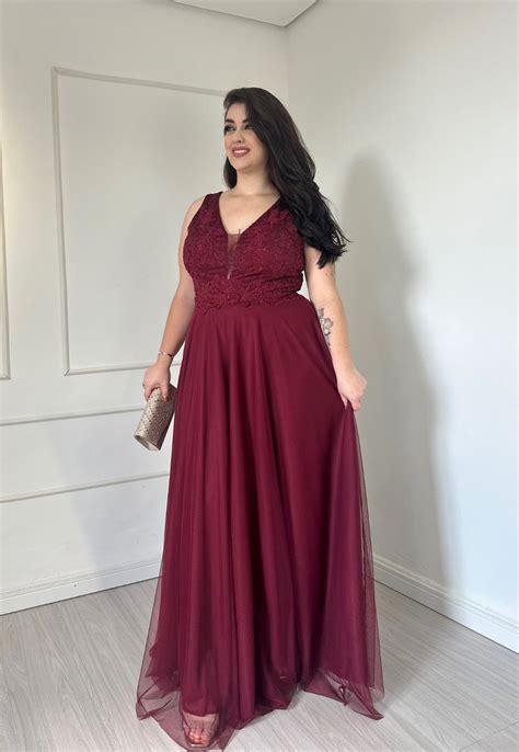 Vestido Longo De Festa Plus Size Curvy Micro Tule Brilho Renda