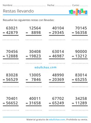 Restas Con Llevadas Hoja De Restas Para Imprimir En PDF