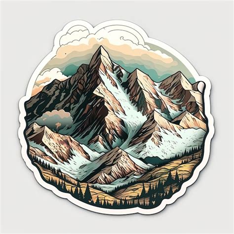 Una pegatina de un paisaje de montaña con una montaña nevada de fondo