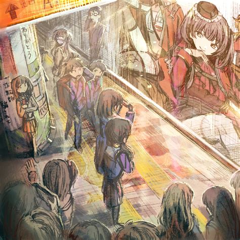 Safebooru Ad Backpack Bag Bangs Black Hair Cellphone Crowd Crowded Exit Sign Fuyuno