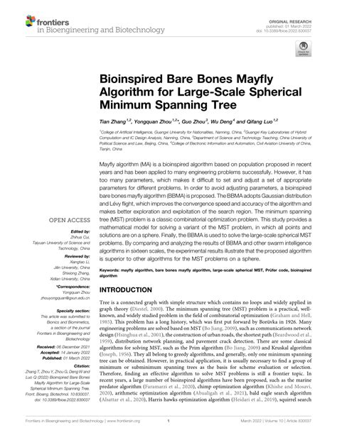 pdf bioinspired bare bones mayfly algorithm for large scale spherical minimum spanning tree