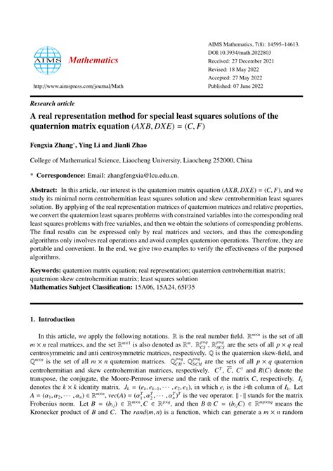 pdf a real representation method for special least squares solutions of the quaternion matrix