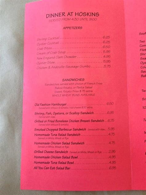 Menu At Hoskins Restaurant North Myrtle Beach
