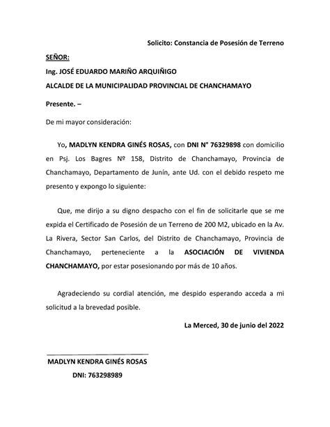 Solicitud Constancia De Posesi N De Terreno Solicito Constancia De