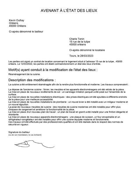 Avenant à létat des lieux dentrée modèle et notice