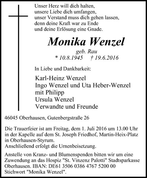 Traueranzeigen Von Monika Wenzel Trauer In NRW De