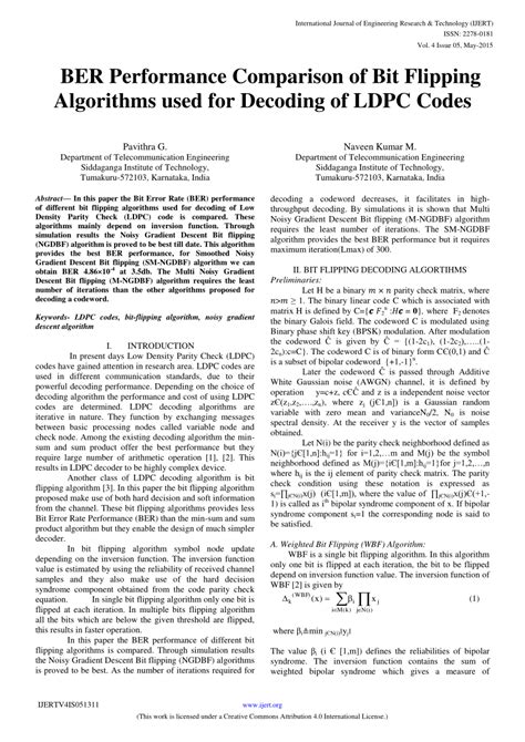 pdf ber performance comparison of bit flipping algorithms used for decoding of ldpc codes