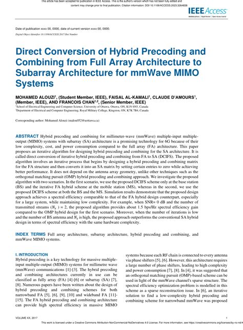 pdf direct conversion of hybrid precoding and combining from full array architecture to