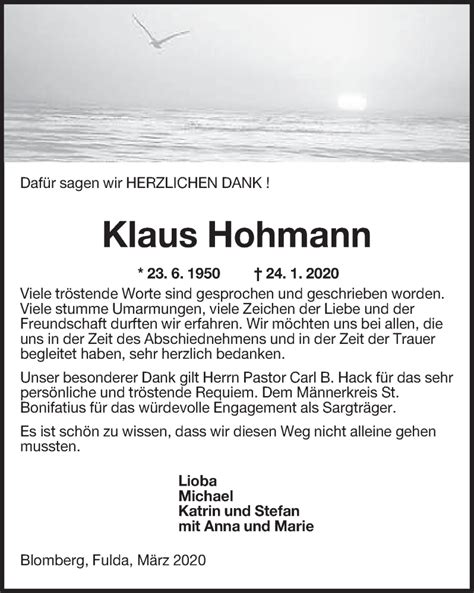 Traueranzeigen Von Klaus Hohmann Nordwest Trauer De