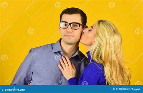 Couple In Love Man And Woman Embrace Smart Looking Guy Wear Glasses Bonde Girl Kiss And Hug