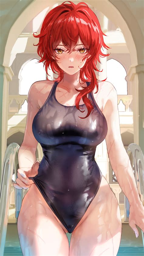 rule 34 1girls bangs bare shoulders black swimsuit blush breasts clavicle clothes pull