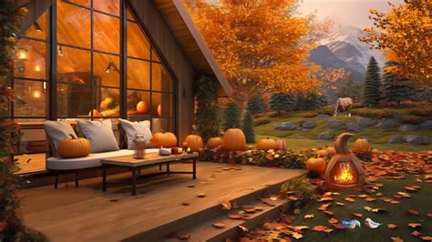 Autumn Cozy Lake House Porch In Early Morning With Bonfire And Peaceful