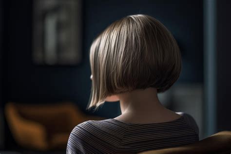 Una mujer con un peinado bob corto está sentada en una habitación