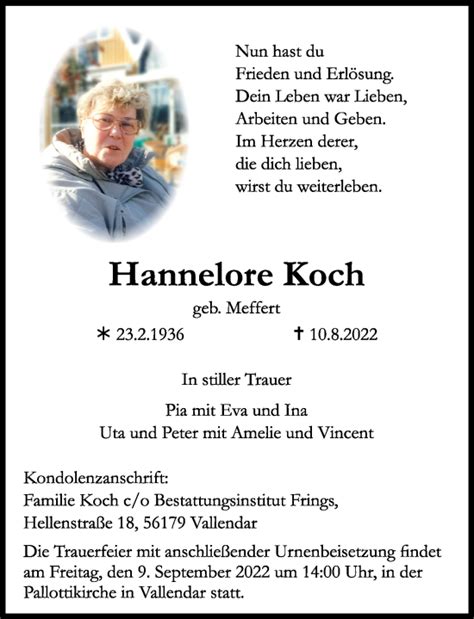 Traueranzeigen Von Hannelore Koch Rz Trauer De