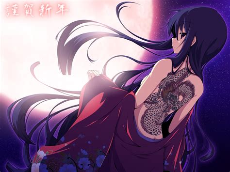 Female Anime Character With Purple Hair And Tattoo At Her Back Facing