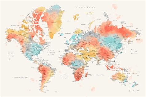 Colorful Watercolor Detailed World Map Canvas Painting By Fred Bell