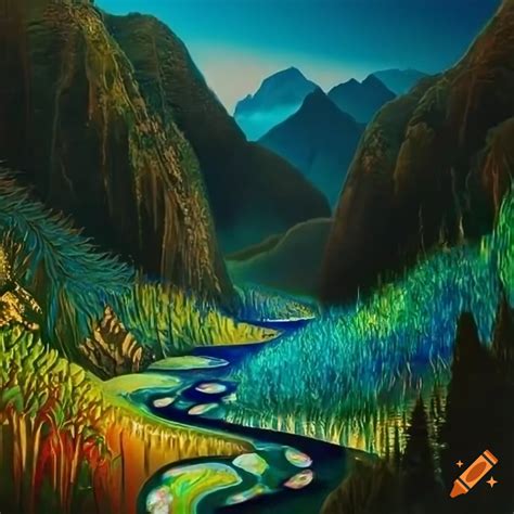 Intricate Mountain Valley With Forest And River Artwork By Daisy Dodd