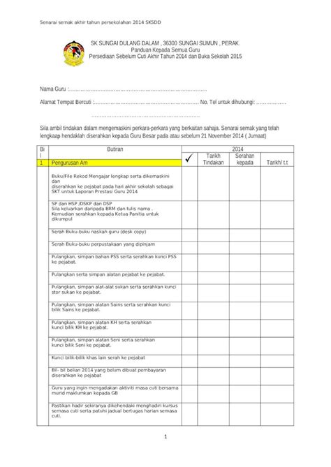 DOCX Senarai Semak Tutup Sekolah DOKUMEN TIPS