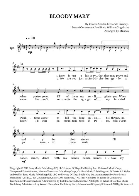 Bloody Mary Arr Milanov By Lady Gaga Sheet Music For Trumpet Solo At