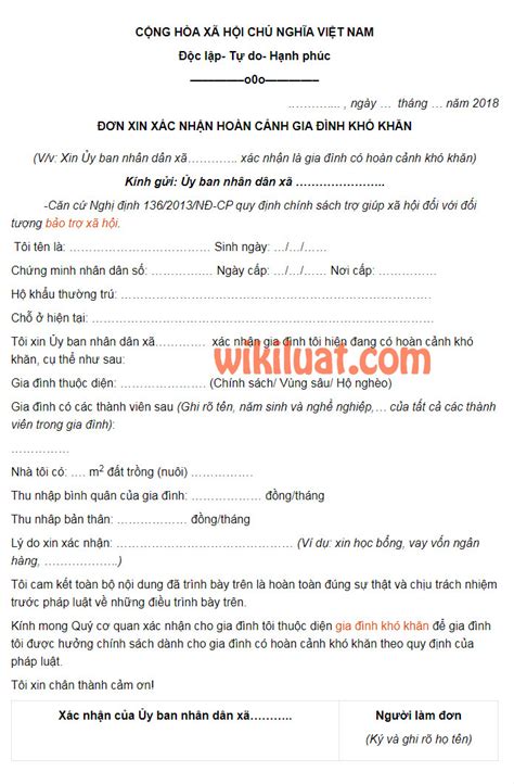 Đơn xin xác nhận hoàn cảnh gia đình khó khăn Đơn xin xác nhận có thu