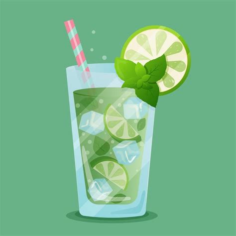 Cóctel de mojito de verano en un vaso con paja y lima hojas de menta