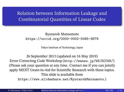 relation between information leakage and combinatorial quantities of linear codes ppt