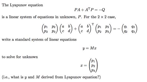 solved the lyapunov equation pa a t p q is a linear
