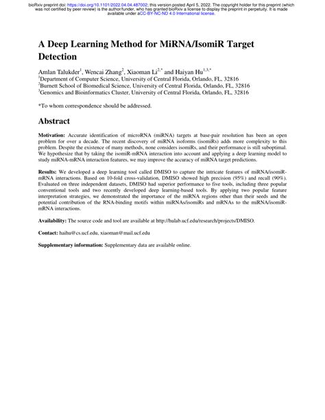 pdf a deep learning method for mirna isomir target detection