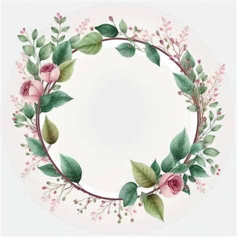 Marco De C Rculo De Flor Rosa Y Hojas Verdes Con Pintura De Acuarela De