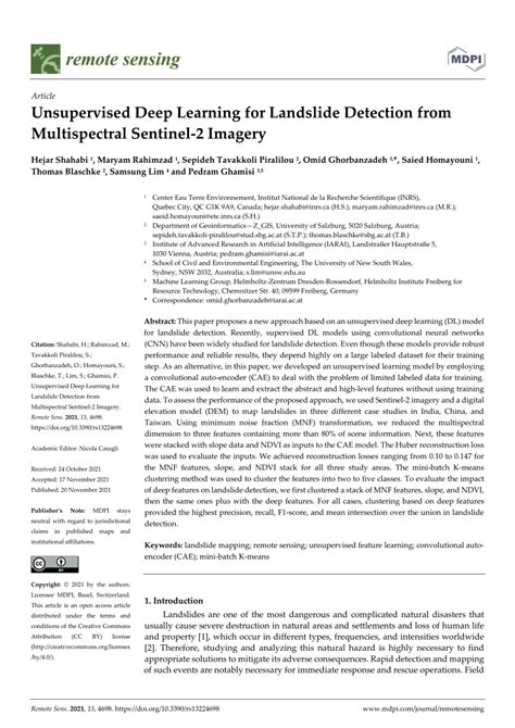 pdf unsupervised deep learning for landslide detection from multispectral sentinel 2 imagery
