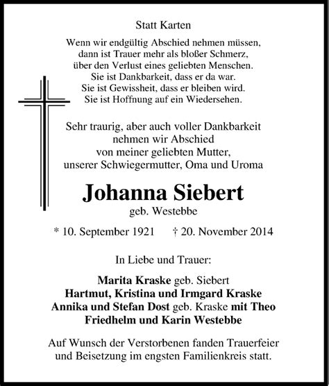 Traueranzeigen Von Johanna Siebert Trauer In NRW De