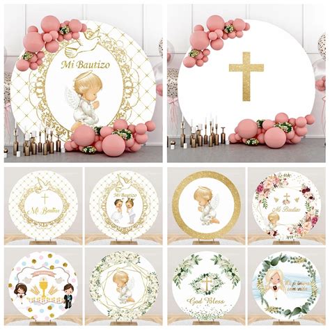 Baby Baptism Christening Round Backdrop Mi Bautizo First Holy