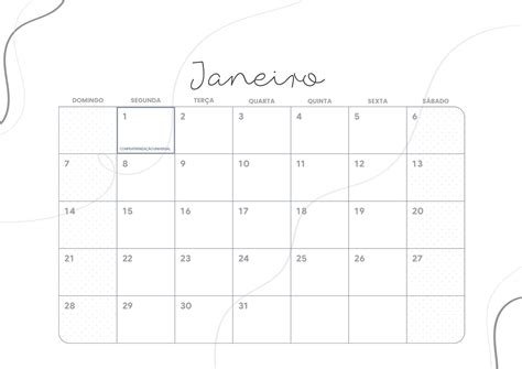 Calendário Mensal 2024 Lettering Janeiro Fazendo a Nossa Festa