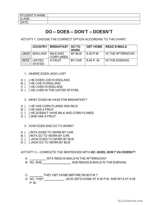 Simple Present Do Does Don T Doesn T English Esl Worksheets Pdf Doc
