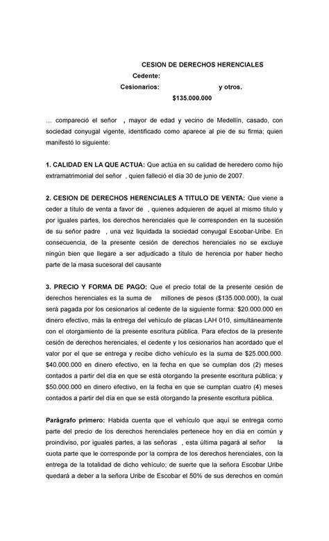 Cesion Derechos Herenciales CESION DE DERECHOS HERENCIALES Cedente