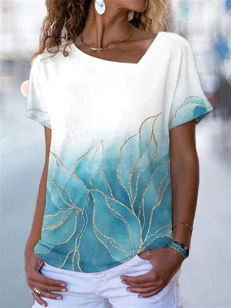 Marble Print Asymmetrical T Shirt Casual Short Sleeve V Neck Summer T