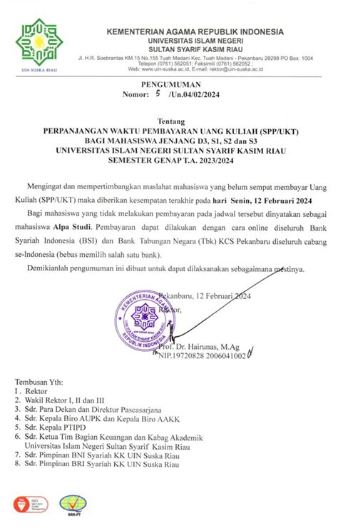 Perpanjangan Waktu Pembayaran Uang Kuliah Tunggal UKT Tahun Akademik